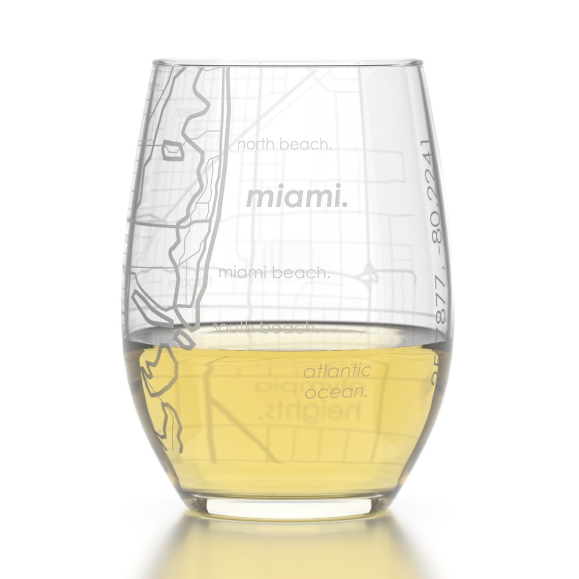 Miami, FL Map Stemless Wine Glass | Engraved Wine Glass (15oz) | Etched ...
