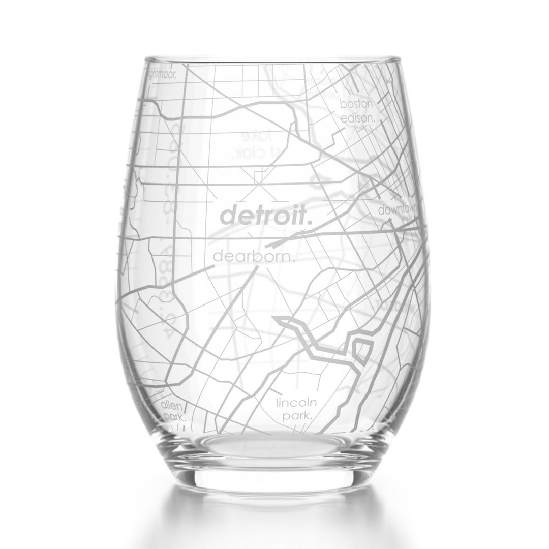 Detroit Map Stemless Wine Glass | Engraved Wine Glass (15oz) | Etched ...
