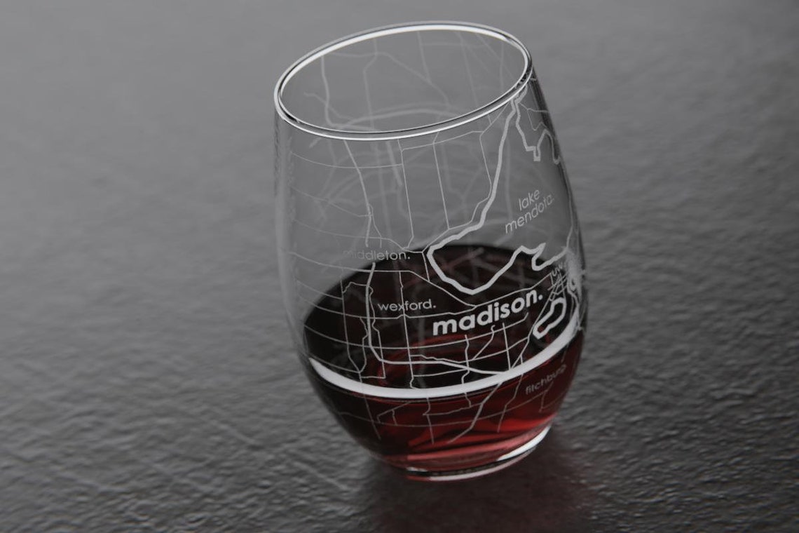 Madison WI Map Stemless Wine Glass Engraved Wine Glass - Etsy