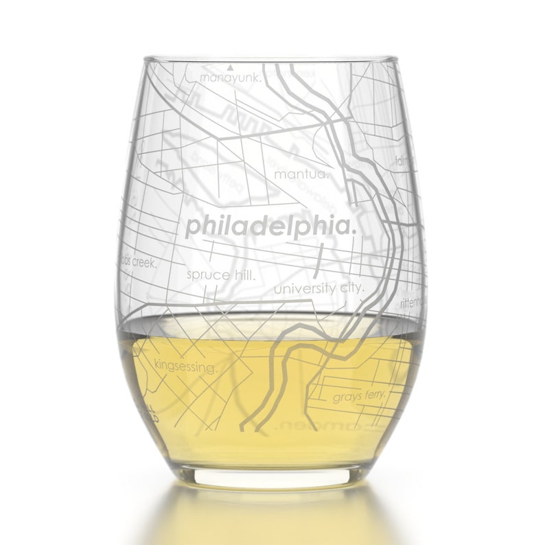 Philadelphia Map Stemless Wine Glass | Engraved Wine Glass (15oz ...