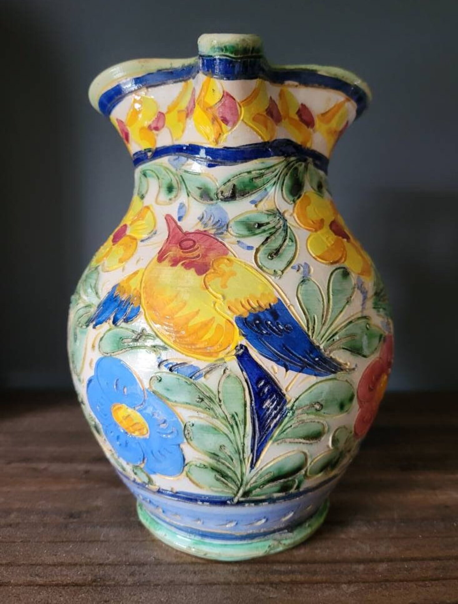 Vintage Sgraffito Pottery Pitcher Flowers and Birds Italy | Etsy