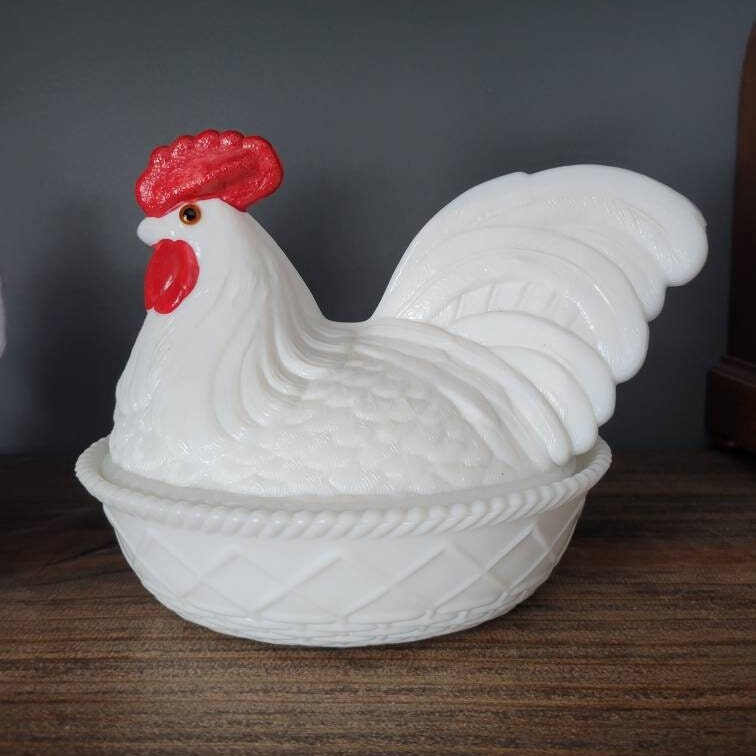 Vintage Milk Glass Blue & Red Hens 7 - Etsy