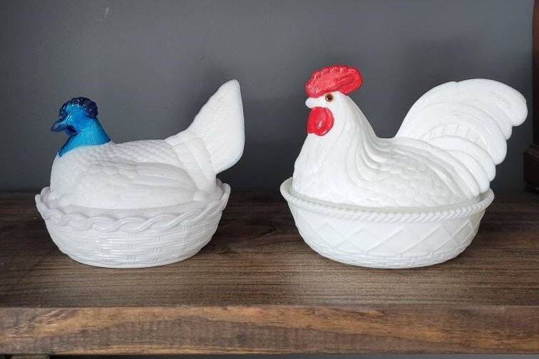Vintage Milk Glass Blue & Red Hens 7 - Etsy