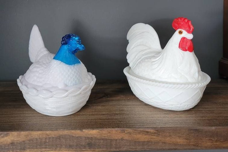 Vintage Milk Glass Blue & Red Hens 7 - Etsy