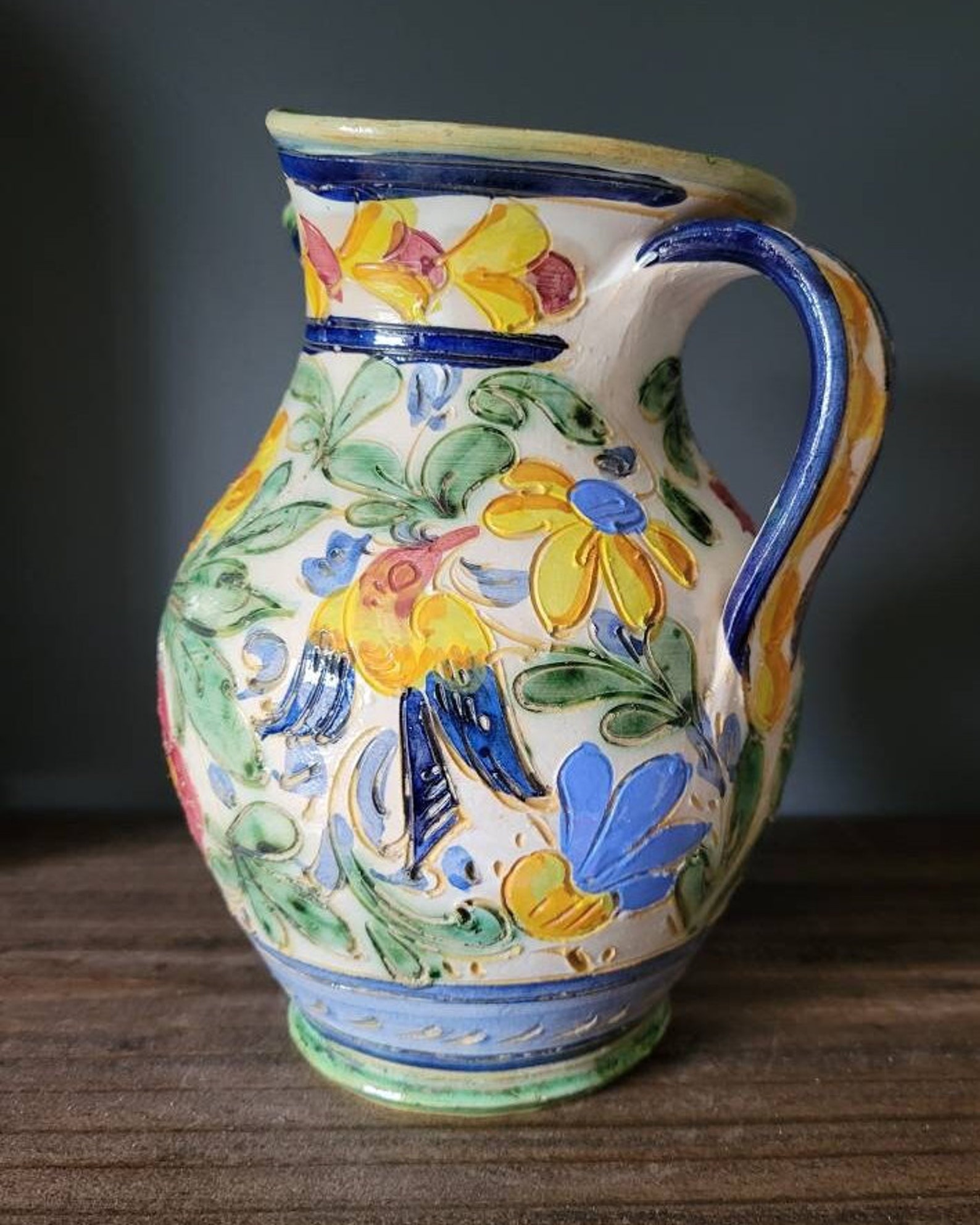Vintage Sgraffito Pottery Pitcher Flowers and Birds Italy | Etsy