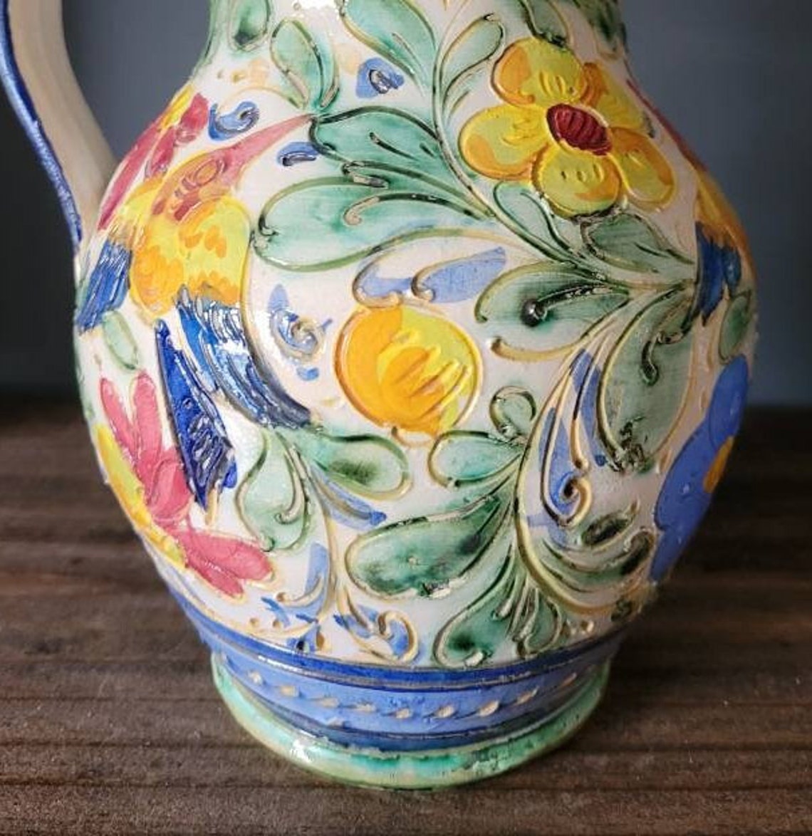 Vintage Sgraffito Pottery Pitcher Flowers and Birds Italy | Etsy