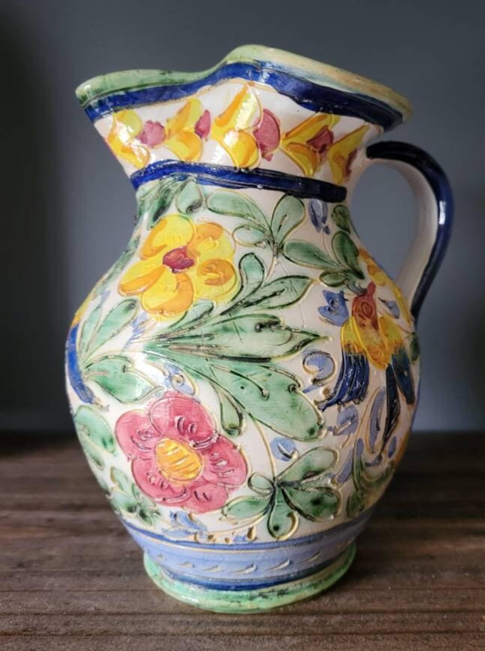 Vintage Sgraffito Pottery Pitcher Flowers and Birds Italy | Etsy