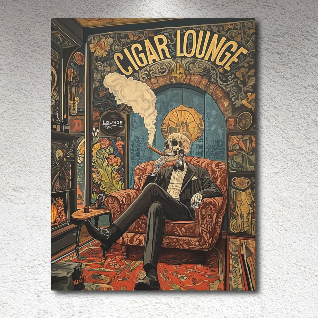 Vintage Skeleton Cigar Lounge Canvas Wall Art, Mid Century Retro Style ...