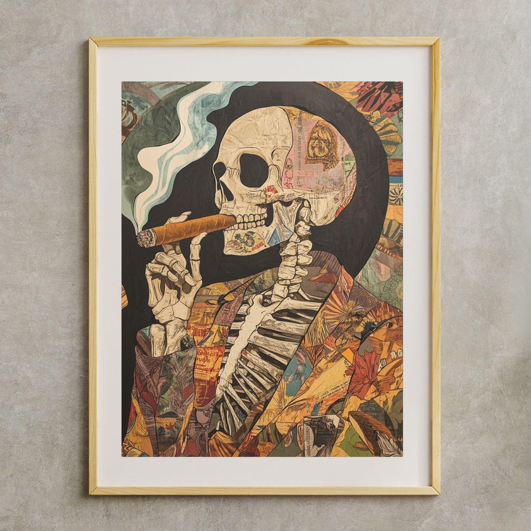 Skeleton Poster Cigar Wall Art, Vintage Lounge Picture, Large Retro ...