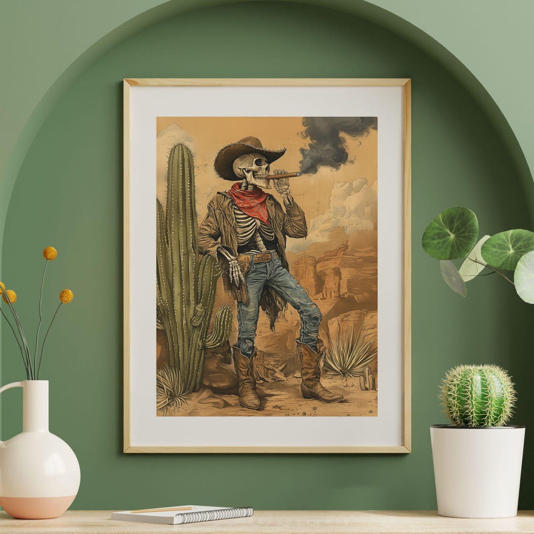 Western Skeleton Cigar Wall Art Poster, Vintage Cowboy Man Cave Decor ...