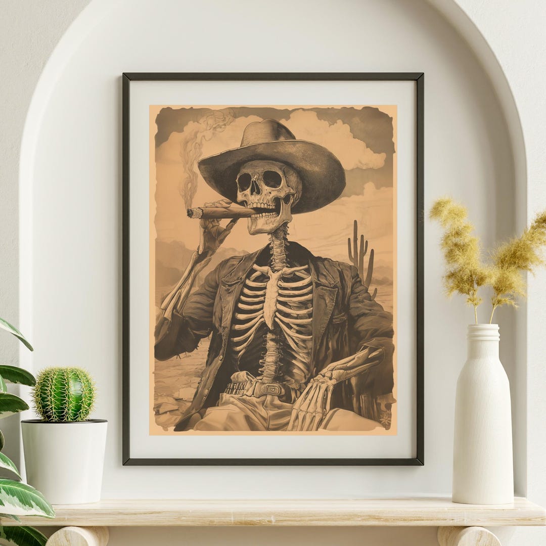 Cowboy Skeleton Cigar Wall Art Poster, Vintage Western Man Cave Decor ...