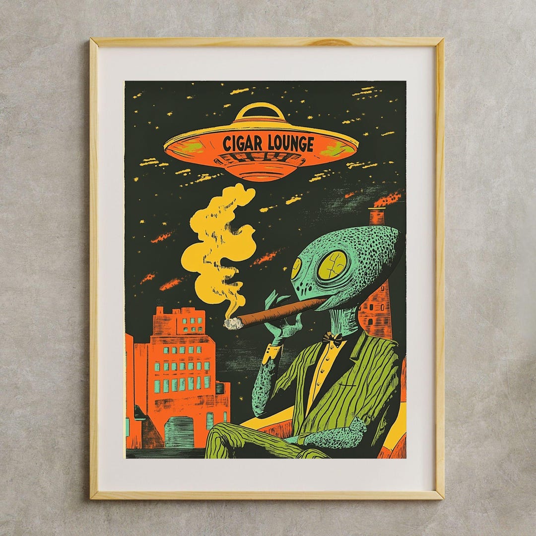 Cigar Lounge Alien Poster Wall Decor, UFO Vintage Smoking Art Sign ...