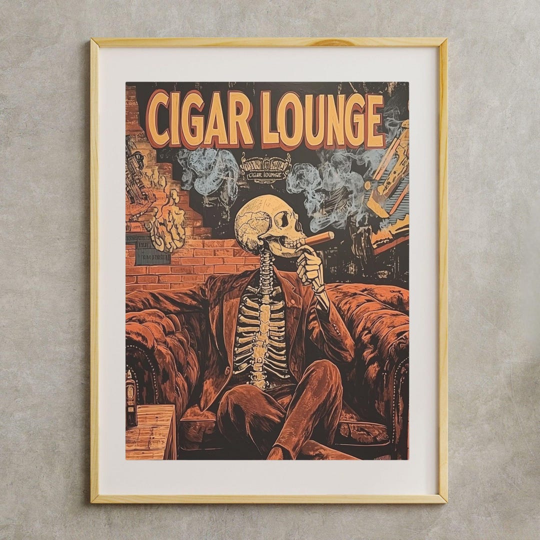 Retro Skeleton Cigar Art Poster, Man Cave Lounge Wall Sign, Mid Century ...