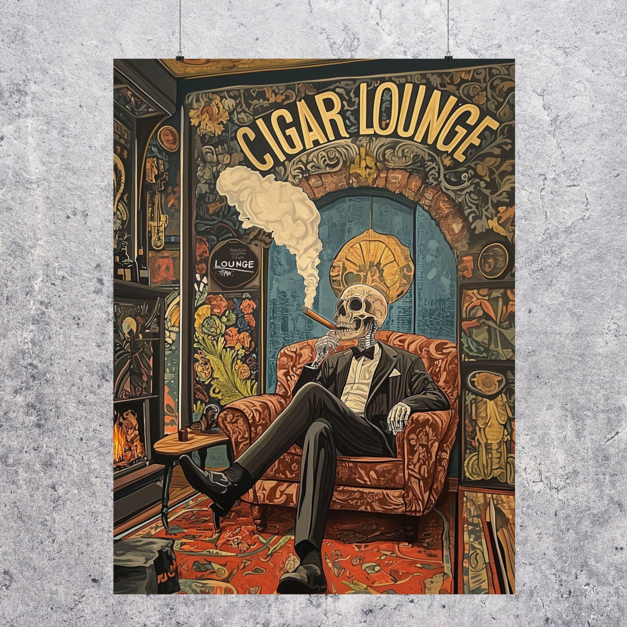 Vintage Skeleton Cigar Poster, Lounge Wall Art, Mid Century Retro Style ...
