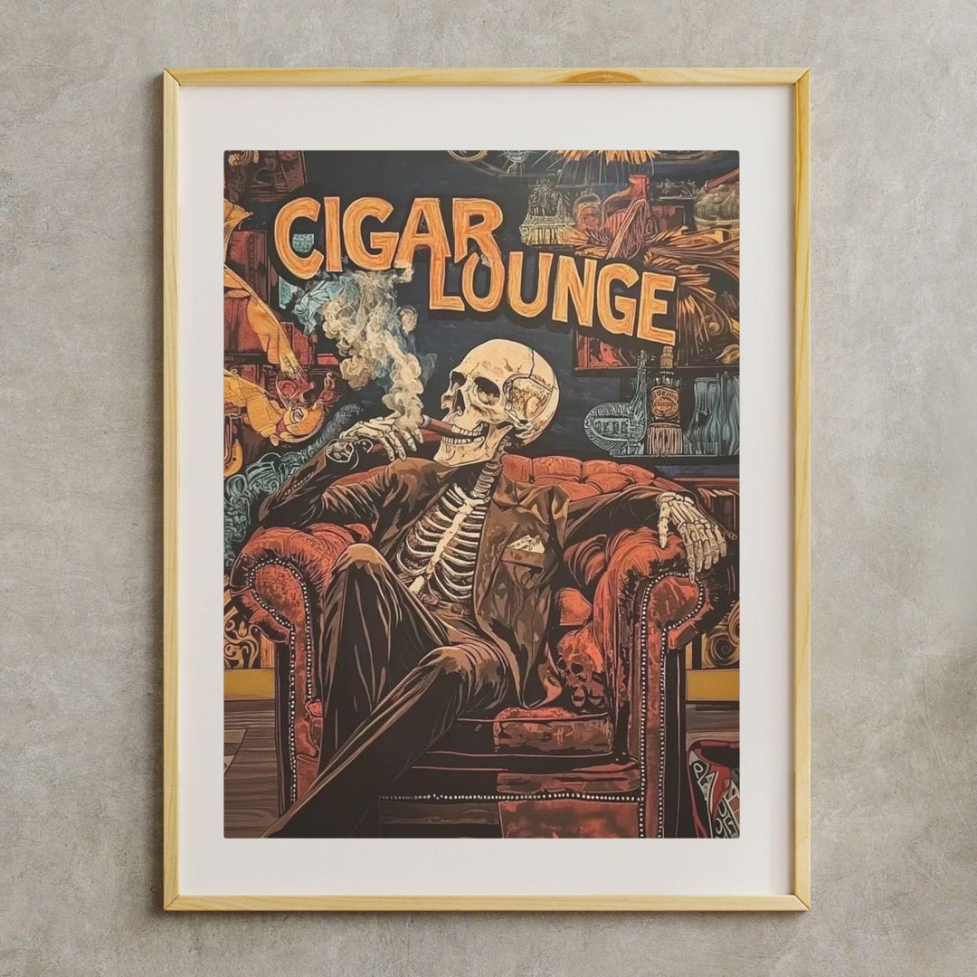 Skeleton Cigar Wall Art Poster, Vintage Lounge Print, 50s 60s Eclectic ...