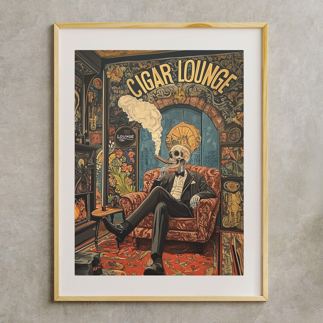 Vintage Skeleton Cigar Poster, Lounge Wall Art, Mid Century Retro Style ...