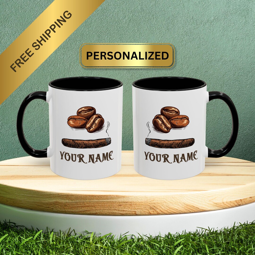 Custom Cigar Coffee Mug, Personalized Name, Coffee Beans & Cigars ...
