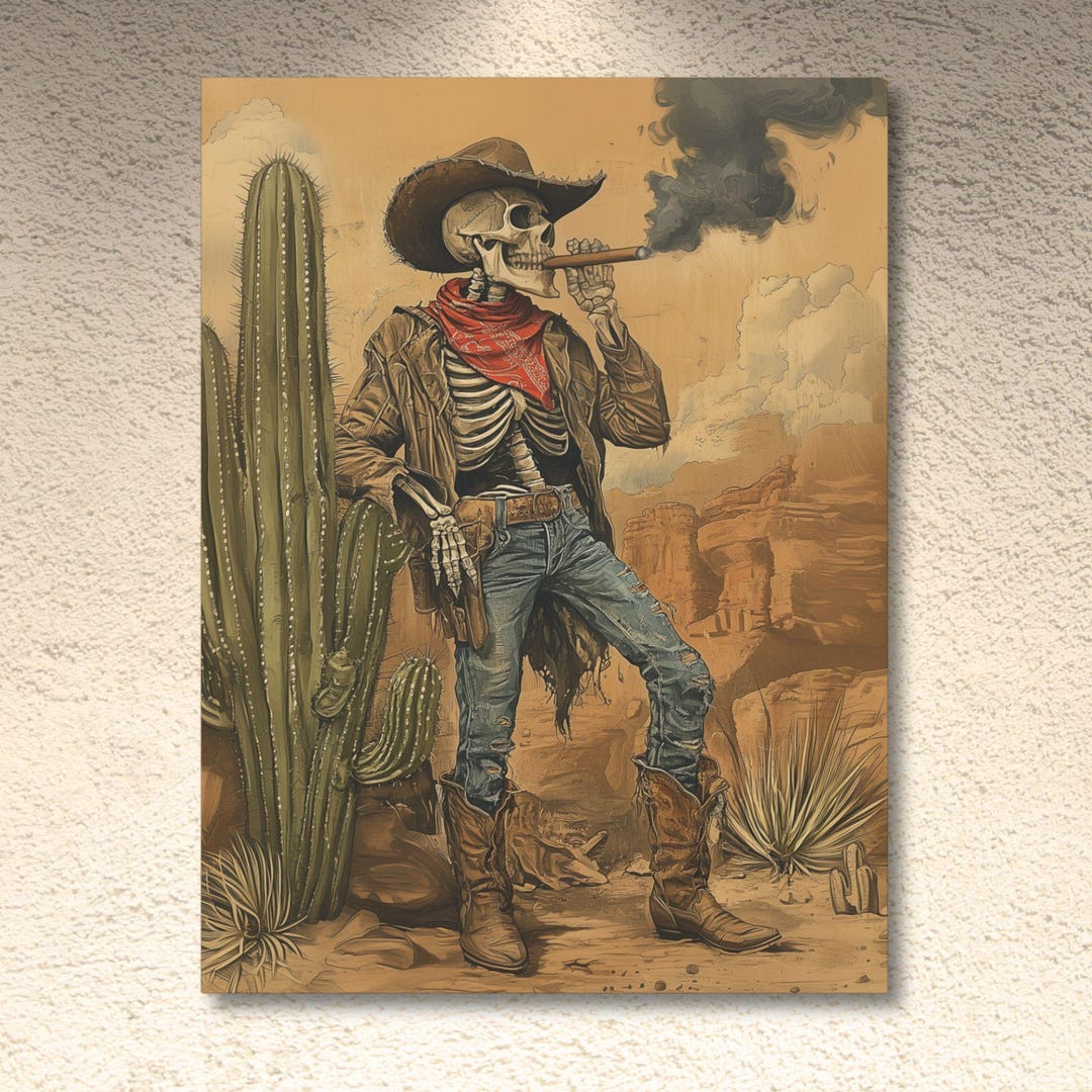 Western Skeleton Cigar Wall Art Canvas, Vintage Cowboy Man Cave Decor ...