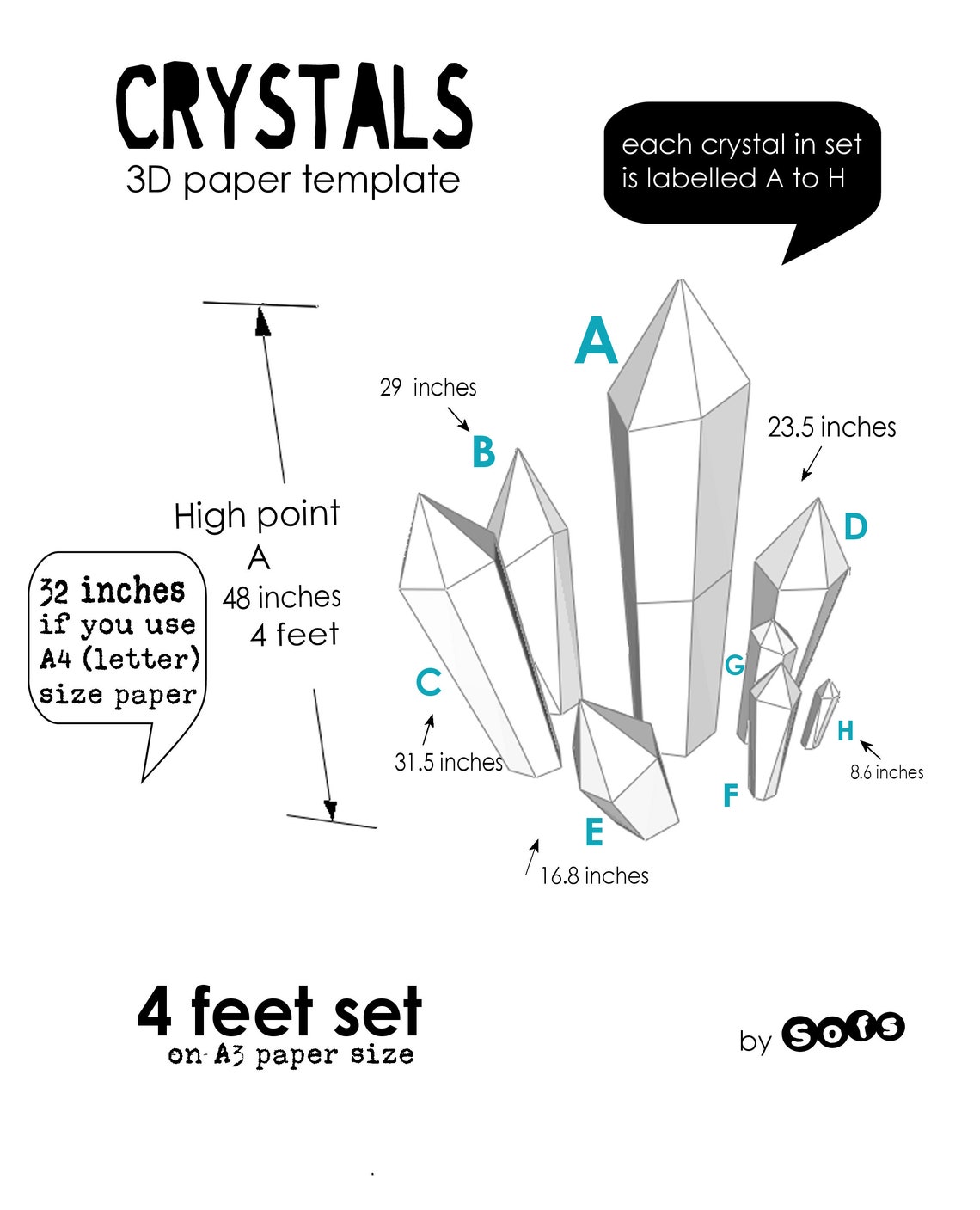 BIG Crystals Papercraft. Set of 7 With 4 Options Paper Size. You Get ...