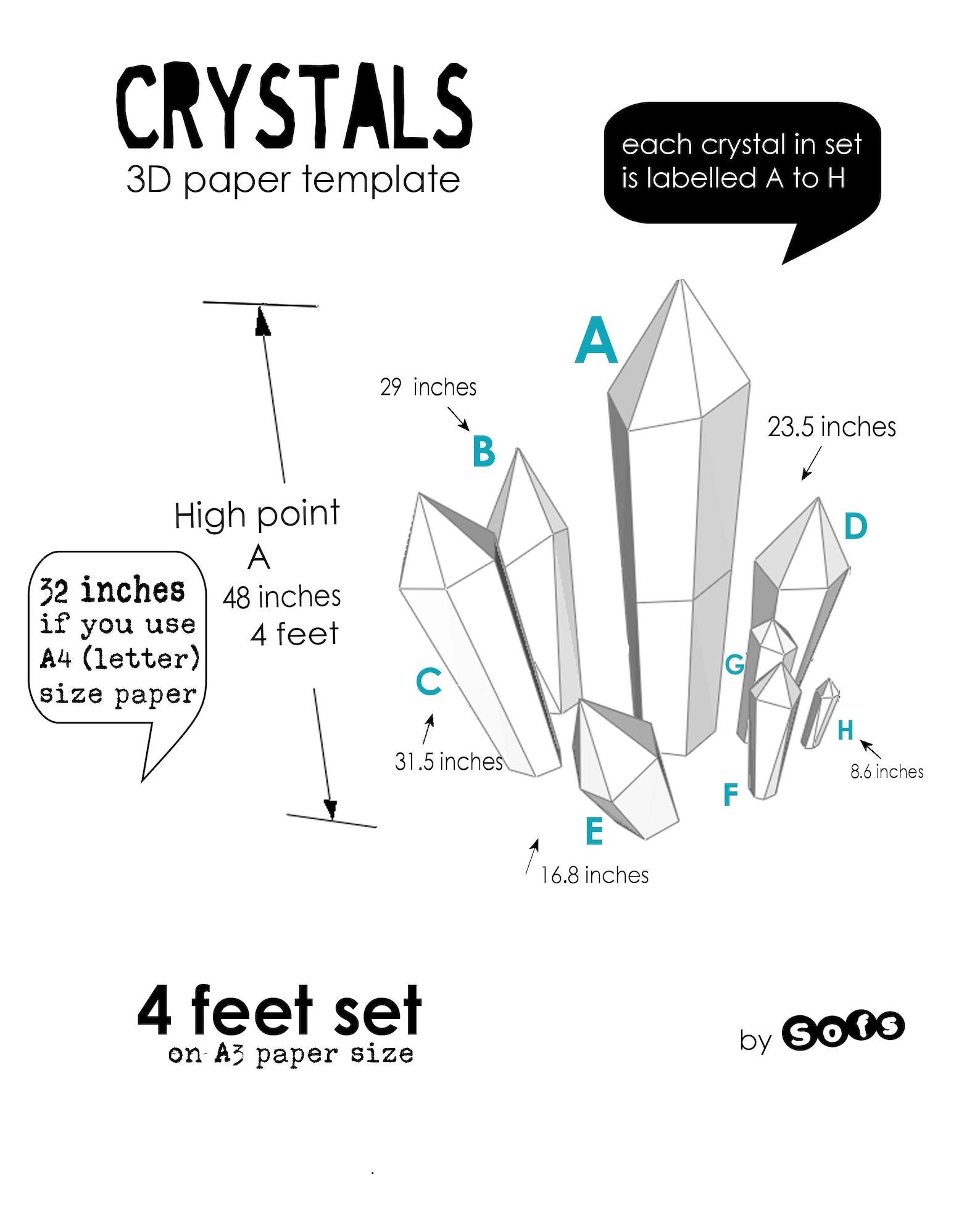 BIG Crystals Papercraft. Set of 7 With 4 Options Paper Size. You Get ...