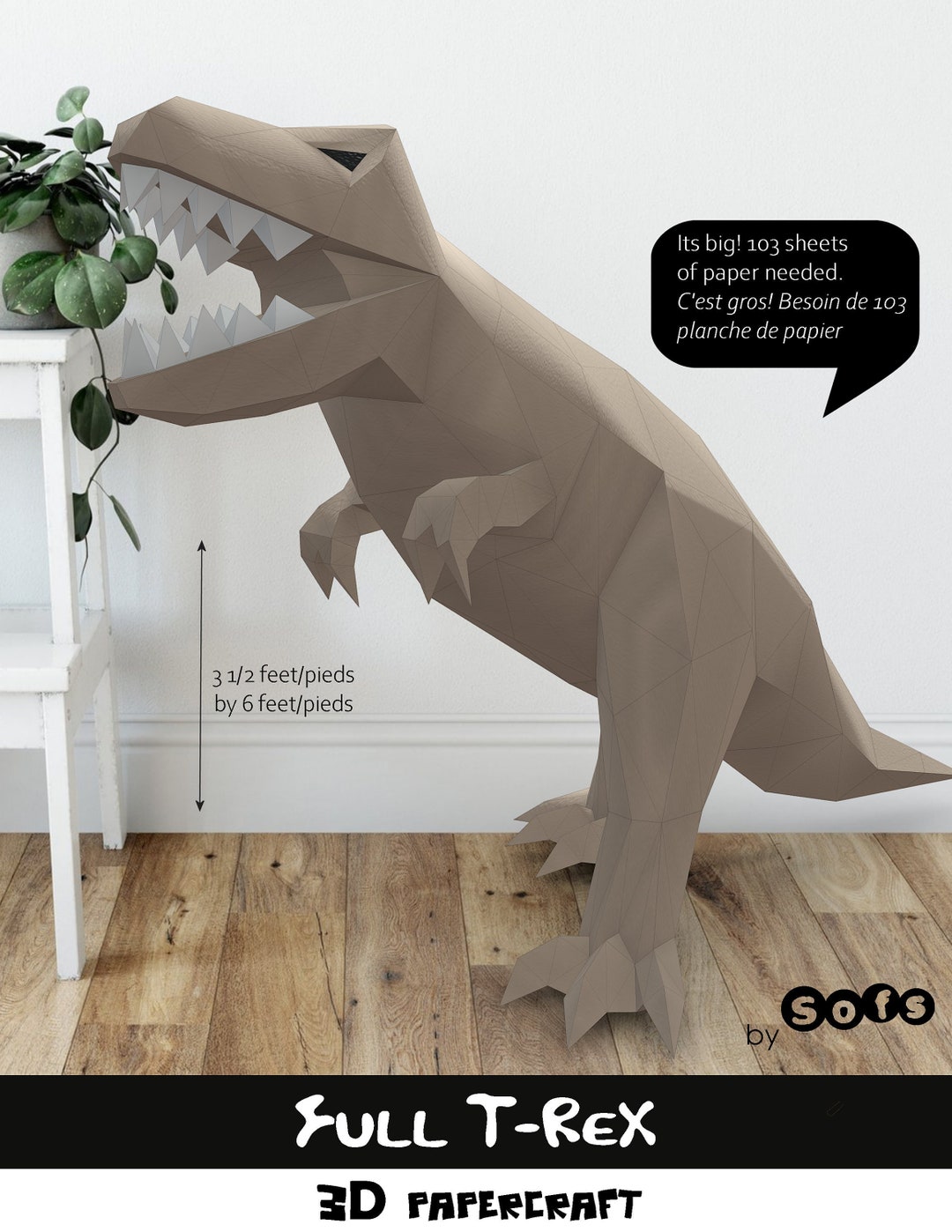 T-rex Full Big 3D Papercraft. (103 Sheets) 42 Inches High! With ...