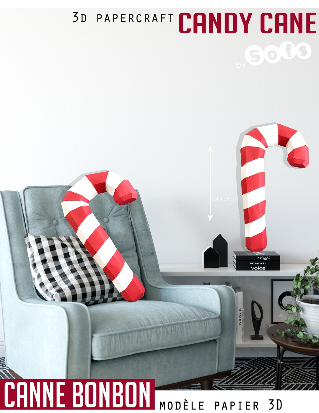 Candy Cane 3D Papercraft. Large Candy Cane, Printable Activity, You Get ...