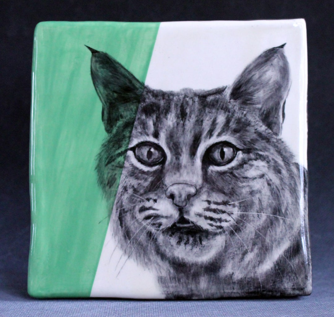 Hand Painted Bobcat Portrait Wall Tile Light Green - Etsy