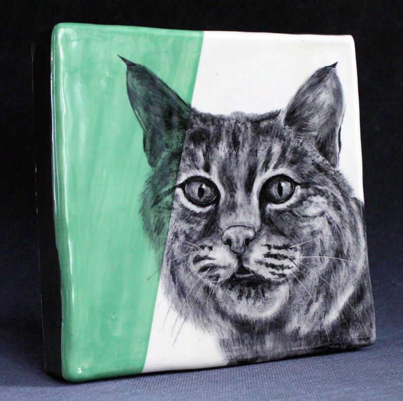 Hand Painted Bobcat Portrait Wall Tile Light Green - Etsy