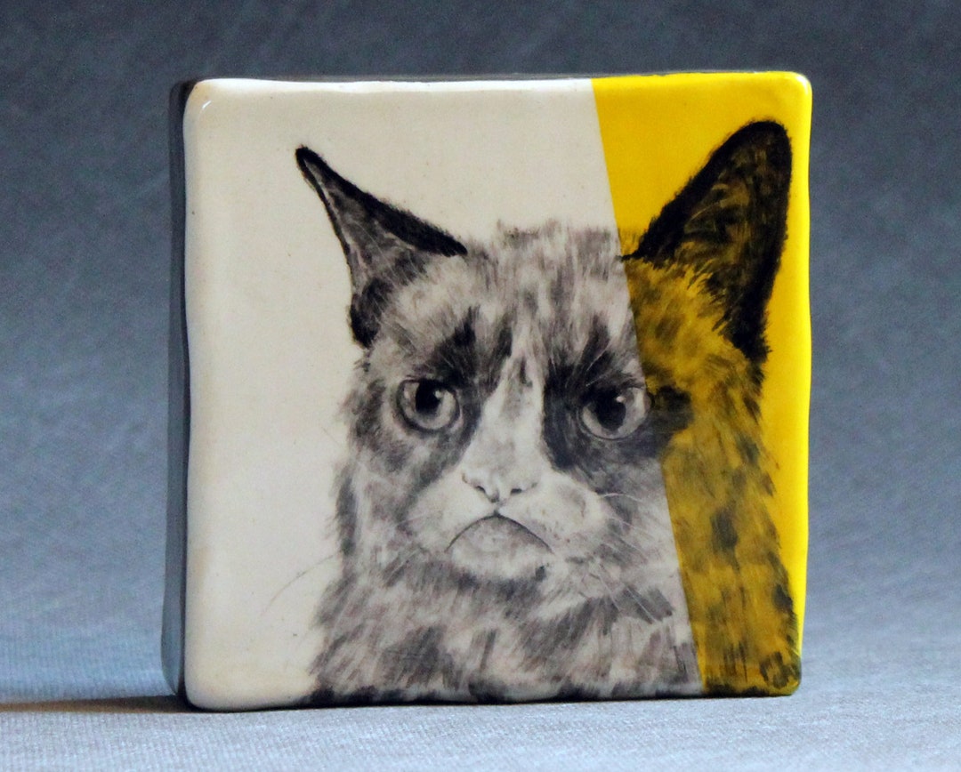 Hand Painted Tard the Grumpy Cat Portrait Wall Tile Yellow - Etsy