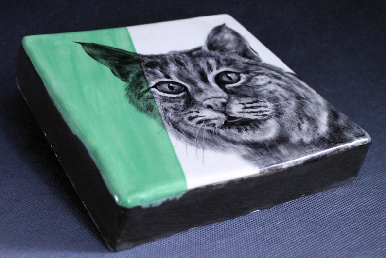 Hand Painted Bobcat Portrait Wall Tile Light Green - Etsy