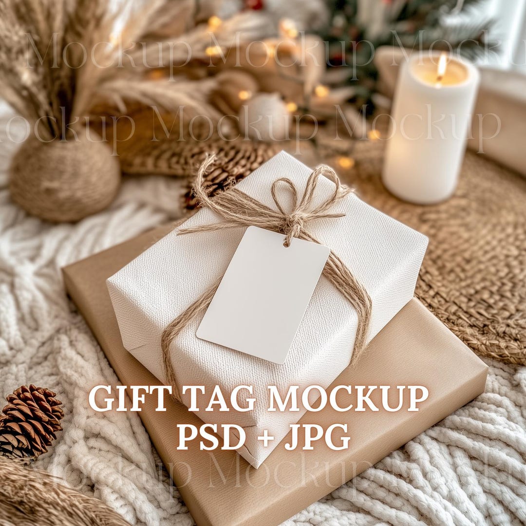 Boho Christmas Gift Tag Mockup PSD & JPG Card Display Rustic Holiday ...