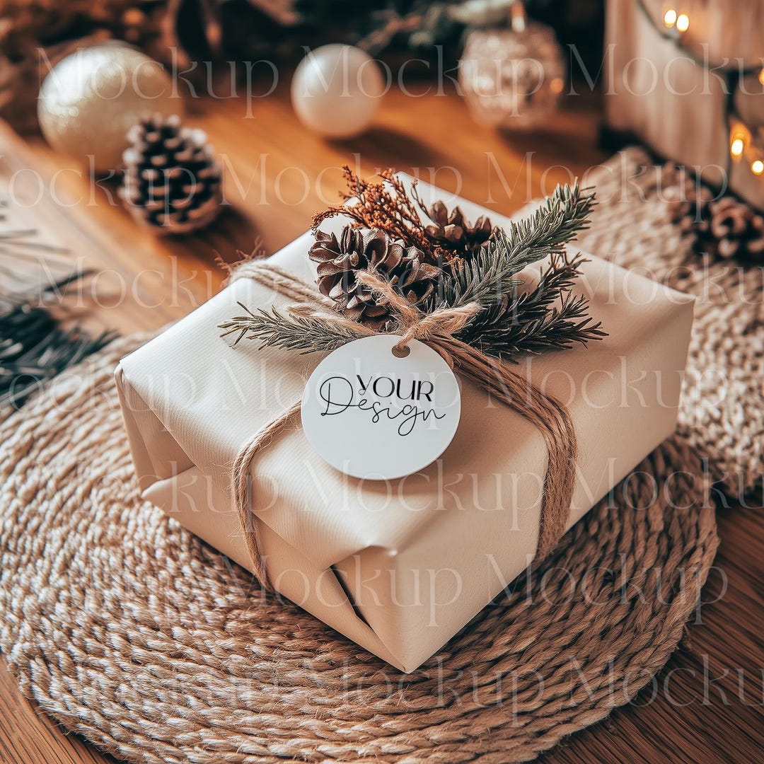 Boho Christmas Gift Tag Mockup PSD & JPG Card Display Rustic Holiday ...