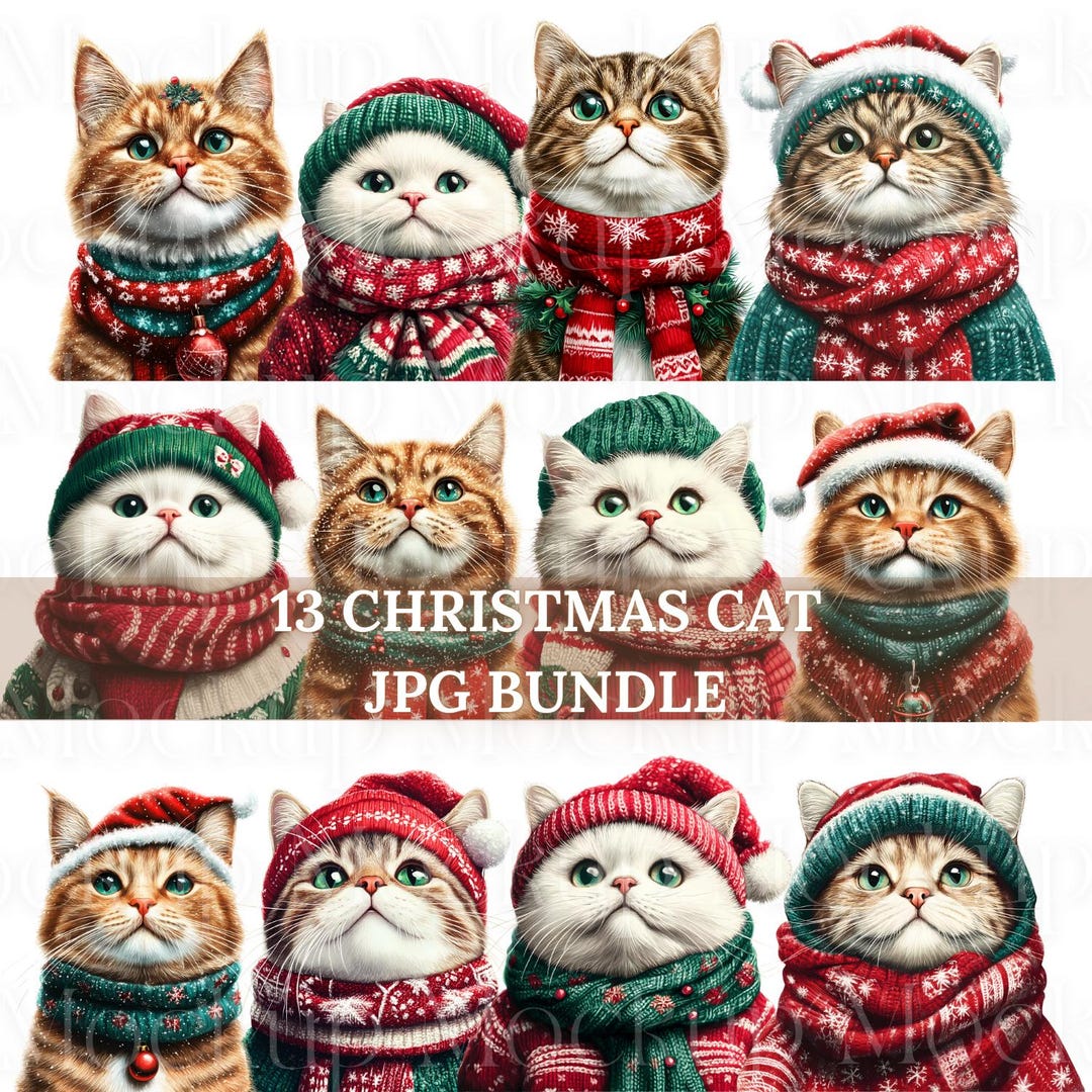 Cute Christmas Cats Clipart JPG Bundle 13 Christmas Cats for Holiday ...