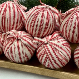 Rustic Red Ticking Rag Ball Christmas Tree Ornaments, 3 Inch, Homespun ...