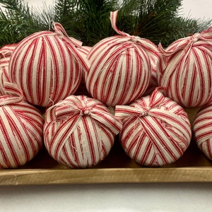 Rustic Red Ticking Rag Ball Christmas Tree Ornaments, 3 Inch, Homespun ...