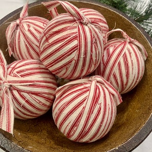 Rustic Red Ticking Rag Ball Christmas Tree Ornaments, 3 Inch, Homespun ...