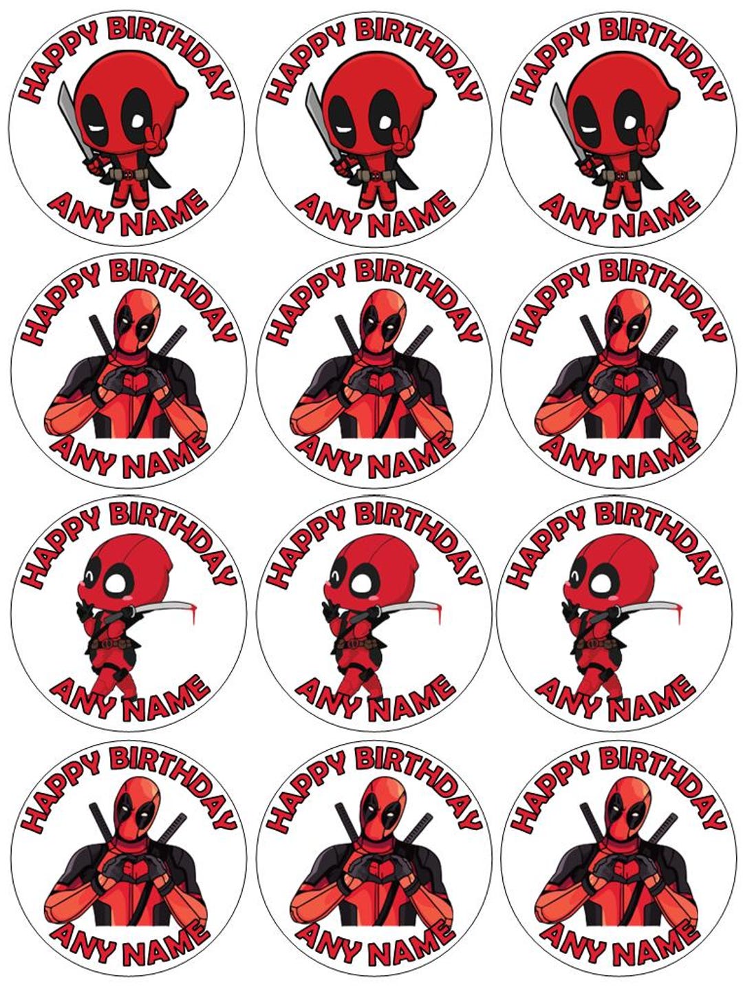 12 Personalised Deadpool Birthday Party Cupcake Cake Topper Edible ...