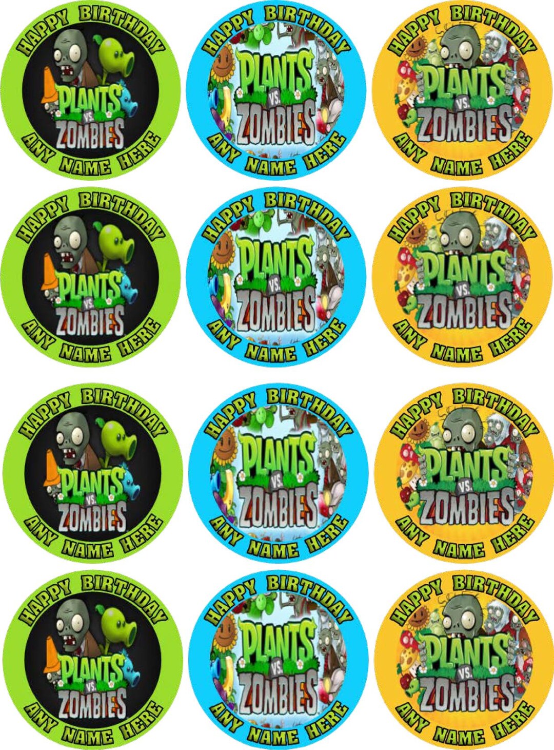 12 Personalised Plants V Zombies Birthday Cupcake Cake Topper Edible ...