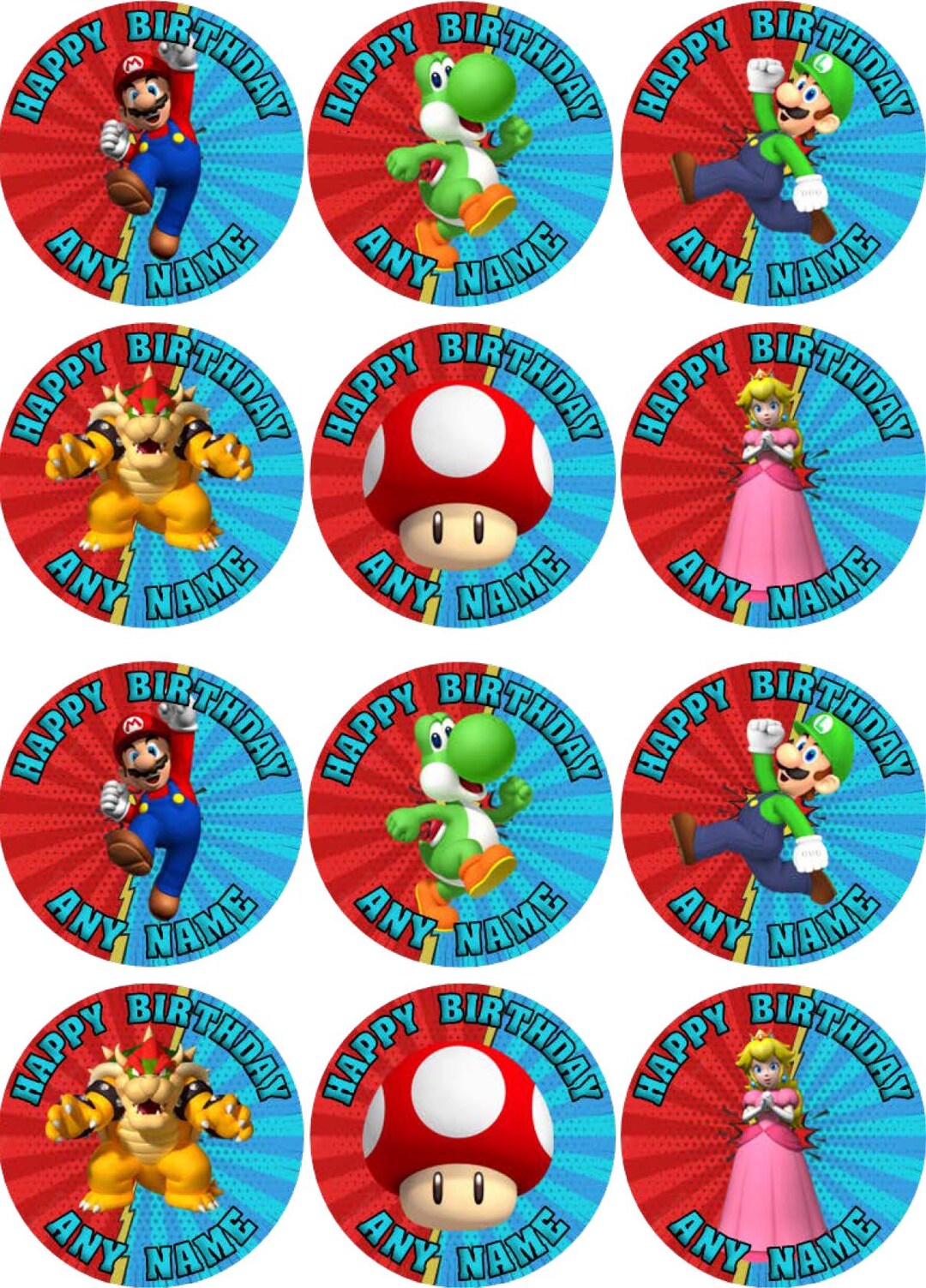 12 Personalised Super Mario Birthday Cupcake Cake Topper Edible Icing ...