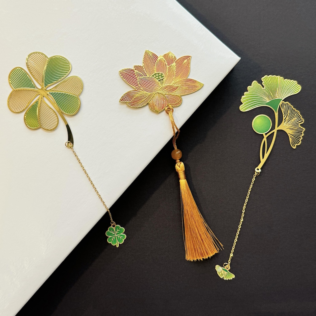 Metallic Gold Bookmark, Lotus, Clover, Ginkgo, Copper Page Marker ...