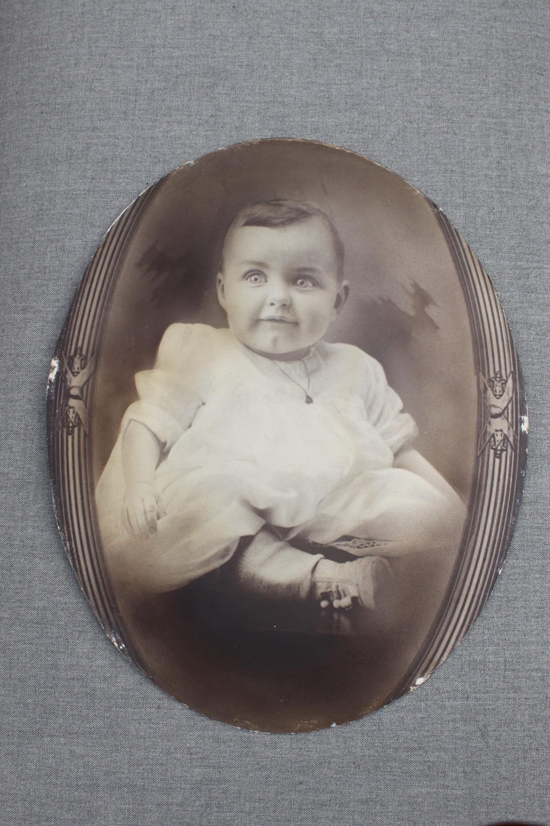 Antique Oval Sepia Victorian Baby Photo in Bubble Glass Frame 14"x17 ...