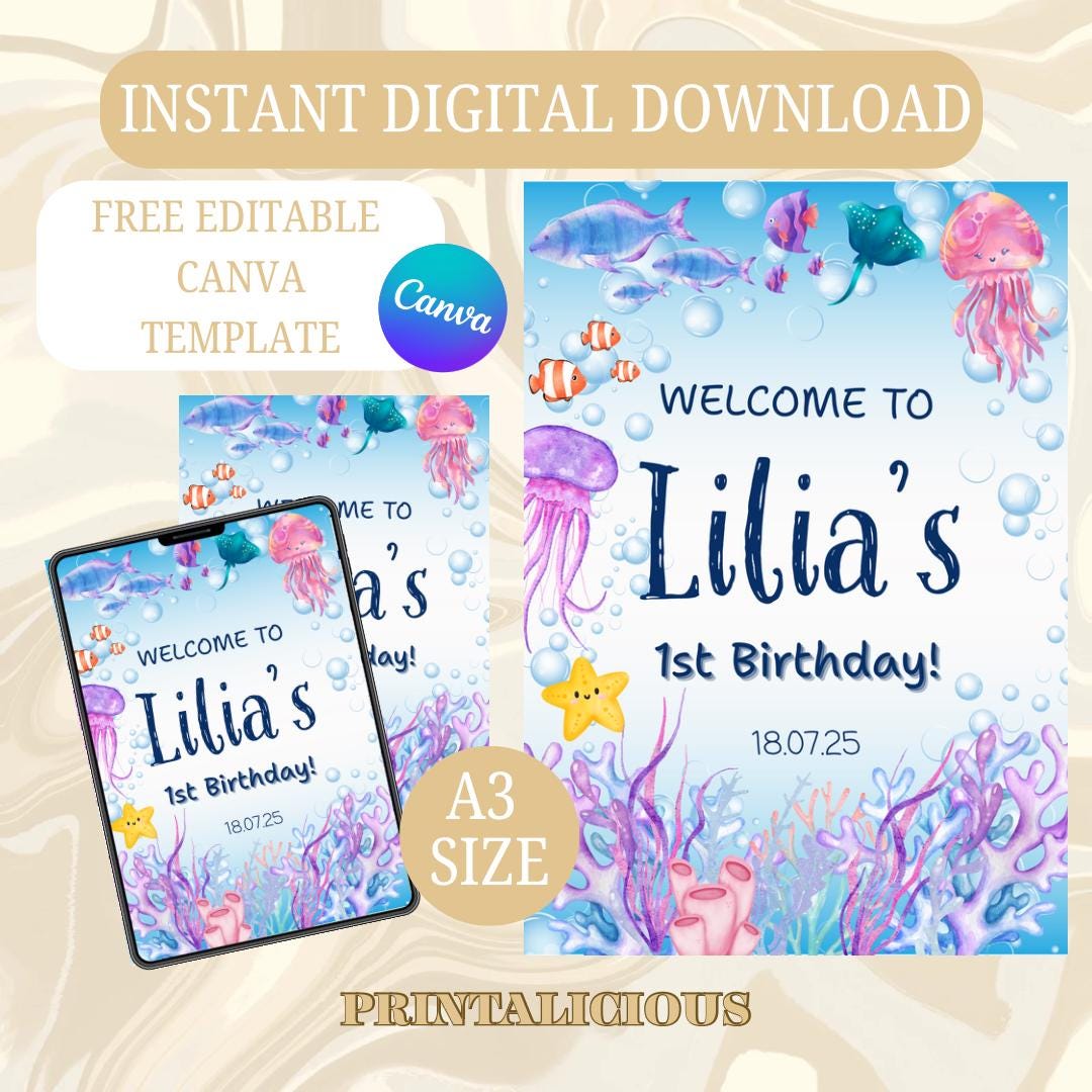 Editable A3 One-der the Sea First Birthday Party Welcome Sign Under the ...