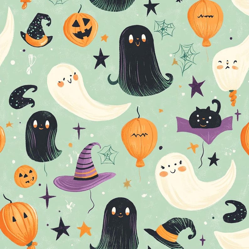 Halloween Digital Pattern: Cute Pastel Ghosts, Pumpkins, and Bats ...