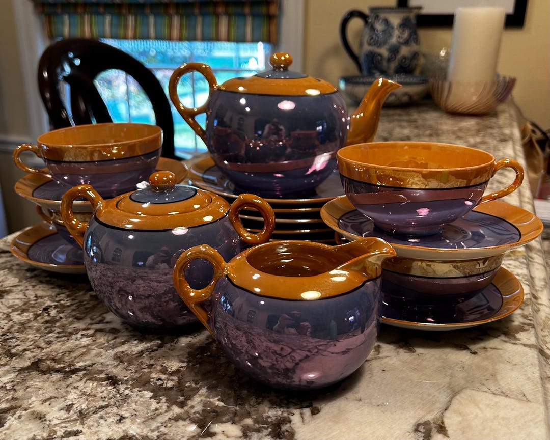 Vintage Japan Takito Lusterware Tea Set, Hand Painted Iridescent Teapot ...