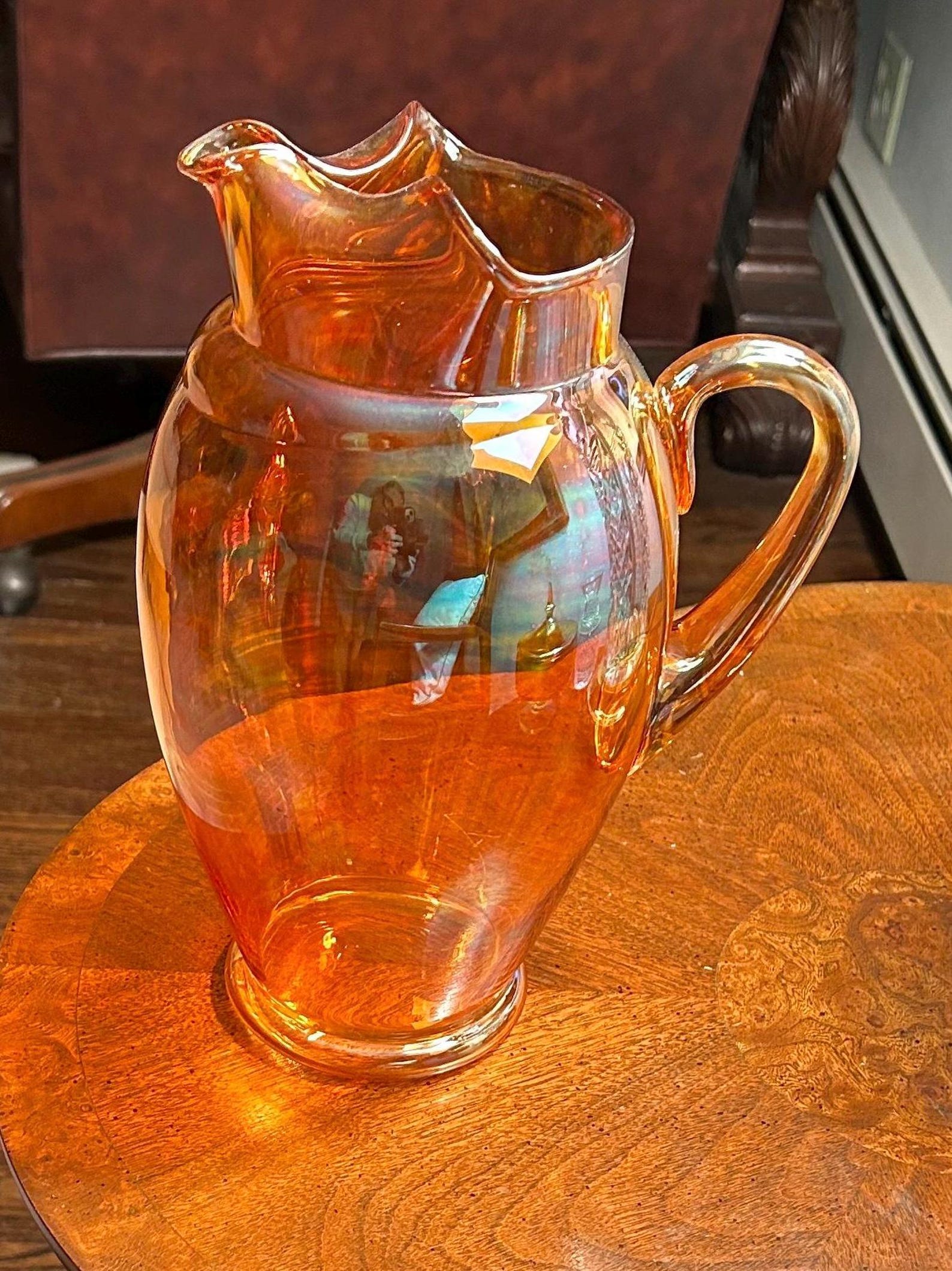 Vintage Burnt Orange Glass Pitcher With Carnival Glass Irredescence ...