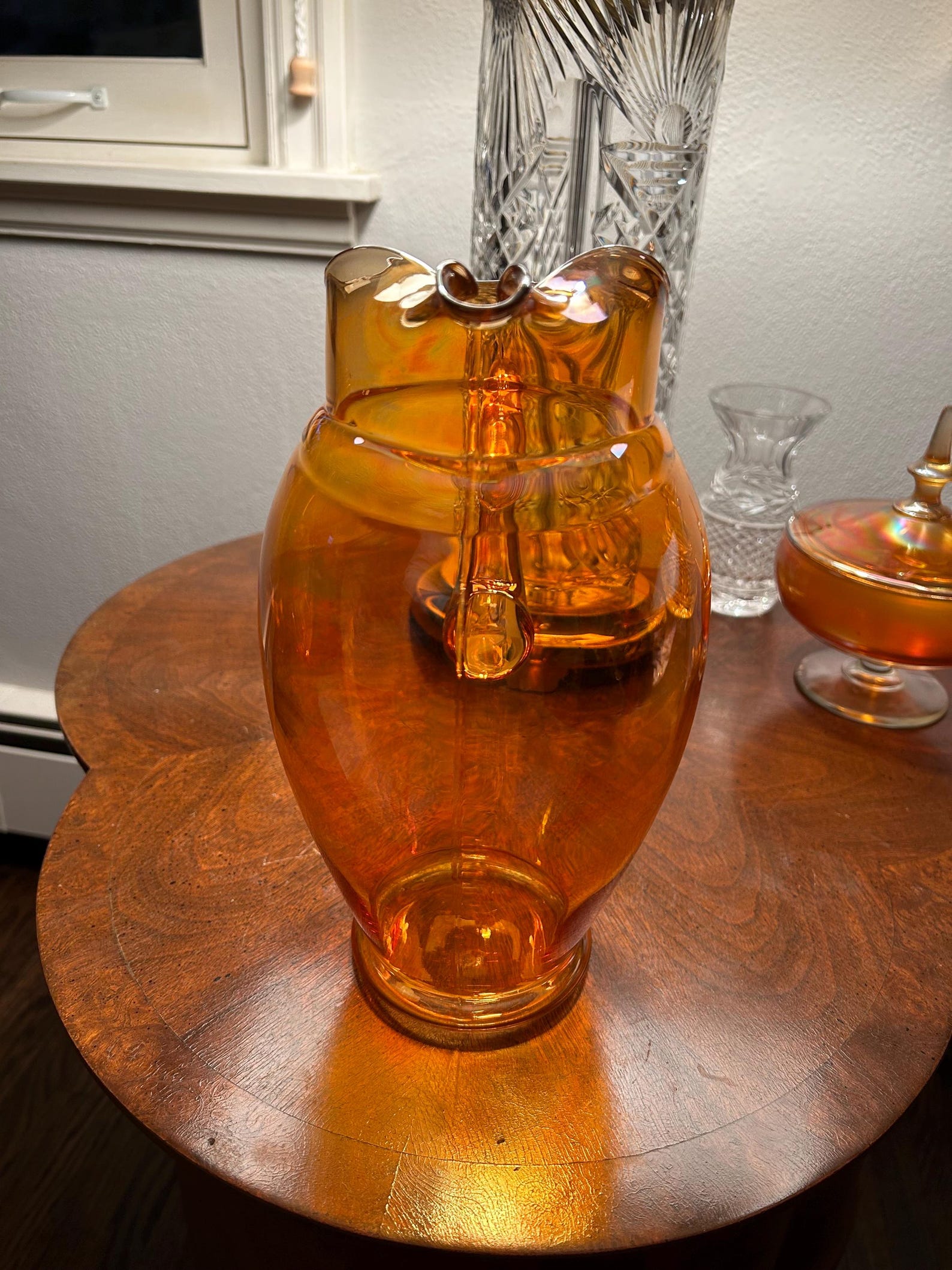 Vintage Burnt Orange Glass Pitcher With Carnival Glass Irredescence ...