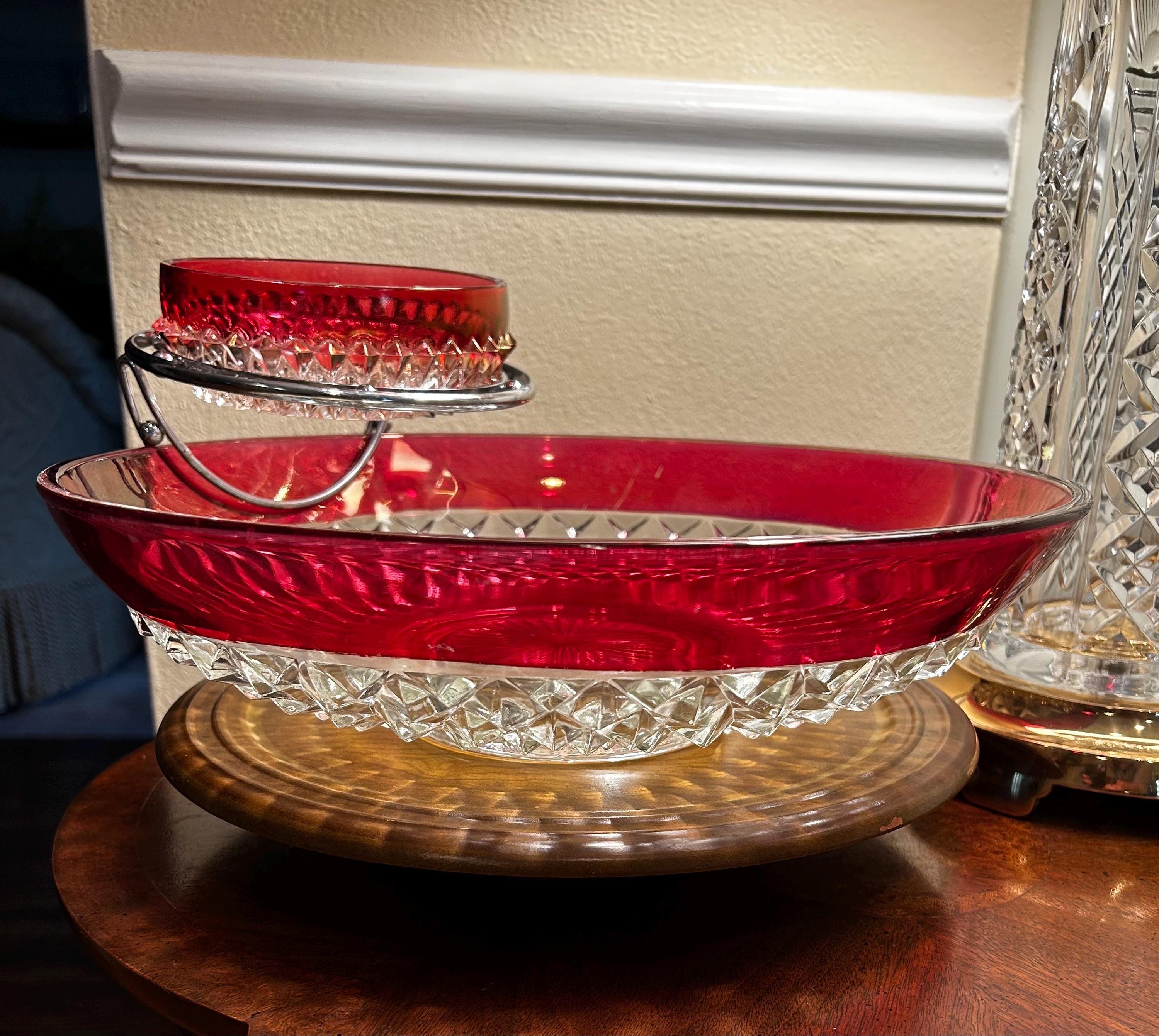 VINTAGE INDIANA GLASS Chip and Dip. Ruby Flash Band Crystal Diamond ...