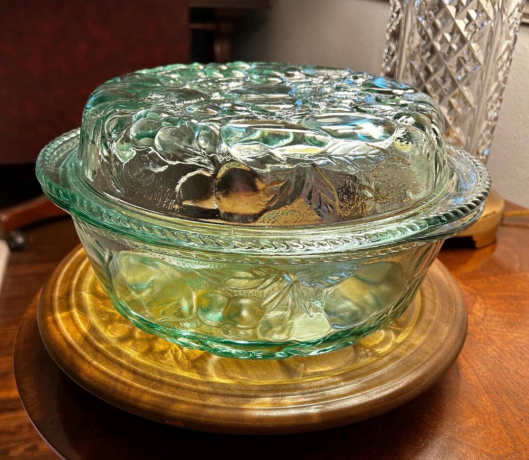 Vintage LIBBY Green Glass FLORAL Casserole Baking Dish. Two Pieces. Top ...