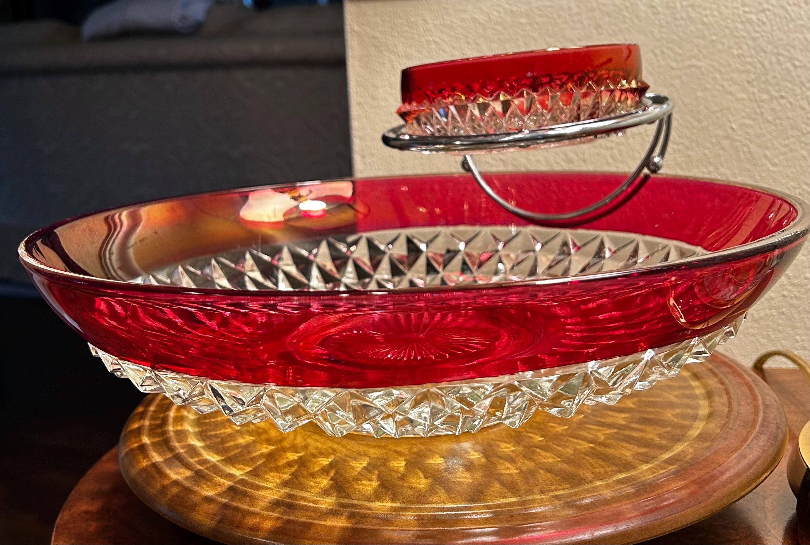 VINTAGE INDIANA GLASS Chip and Dip. Ruby Flash Band Crystal Diamond ...