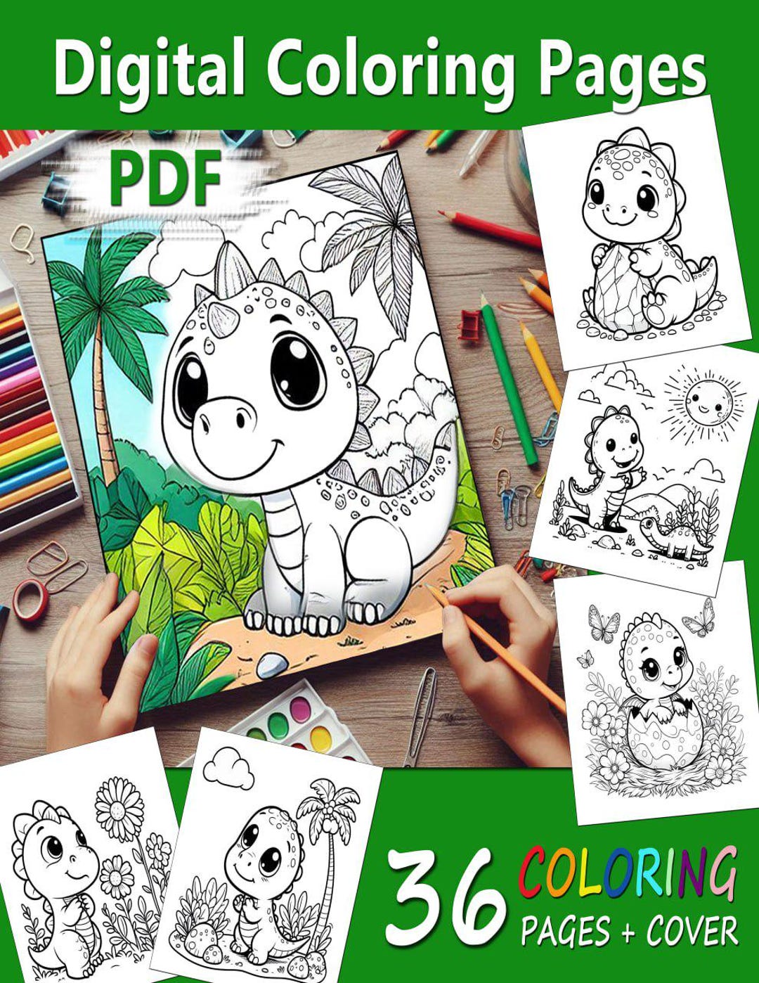 36 Dinosaurs Coloring Pages for Kids and Adults Printable, Baby Dino ...
